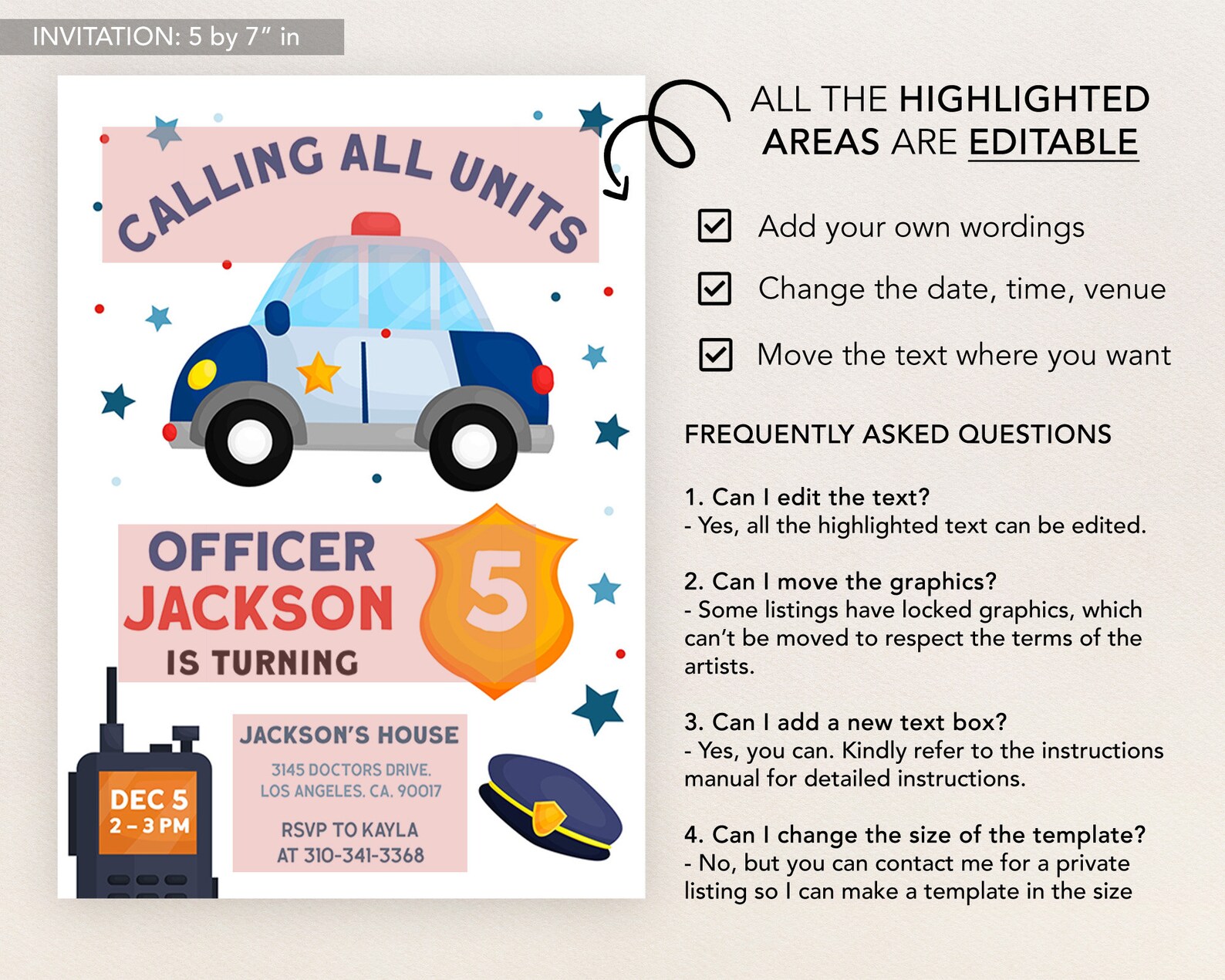 Police Birthday Invitation EDITABLE Cop Car Party Invite - Etsy