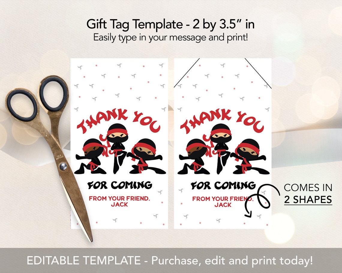 EDITABLE Ninja Birthday Thank You for Coming Gift Tag Ninja | Etsy
