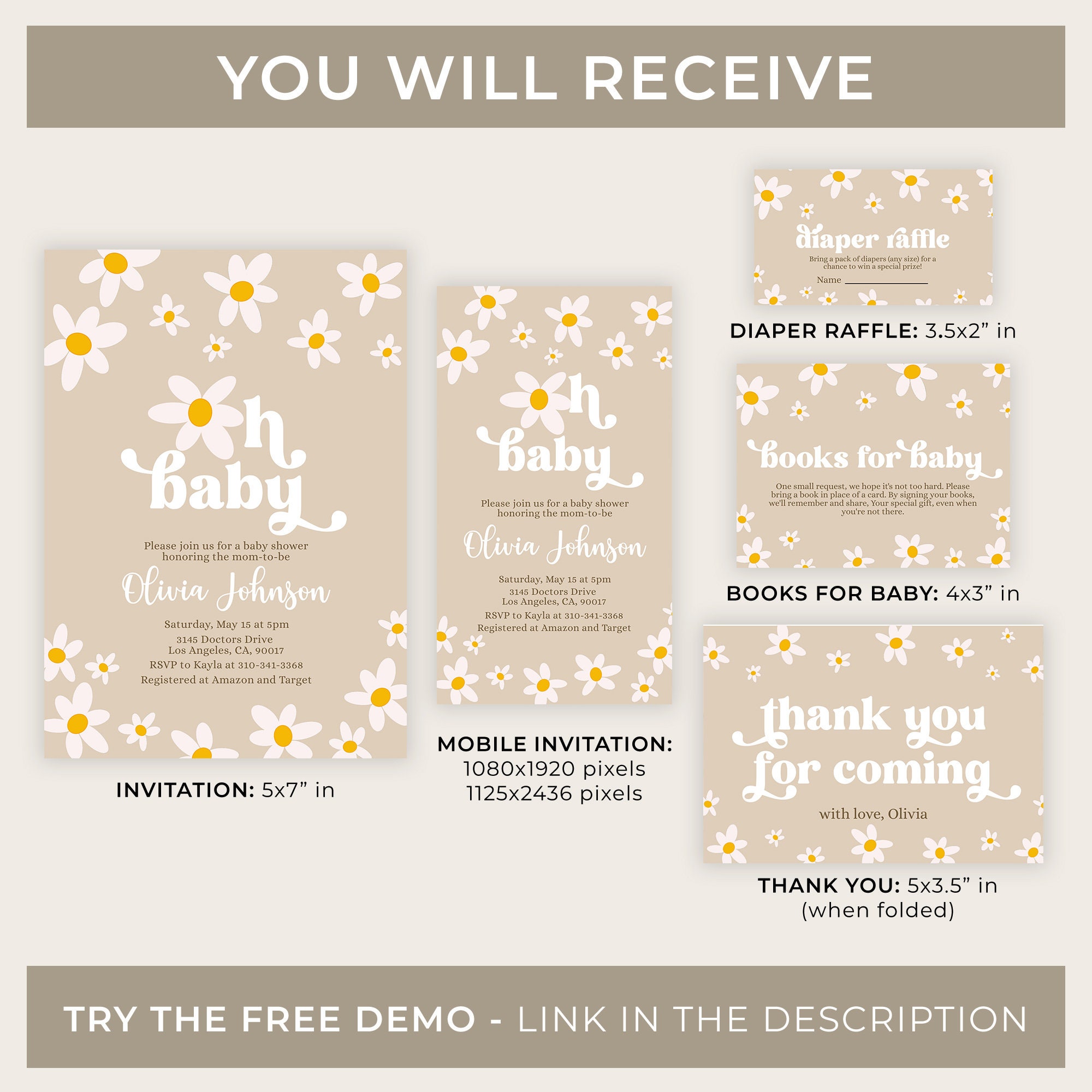 Daisy Baby Shower Invitation Set, EDITABLE Oh Baby Party Pack, Floral ...