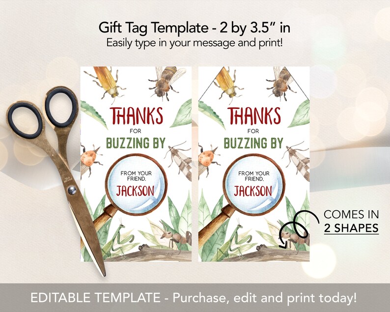 EDITABLE Insect Bugs Thank You for Coming Gift Tag, Outdoor Kids Party ...