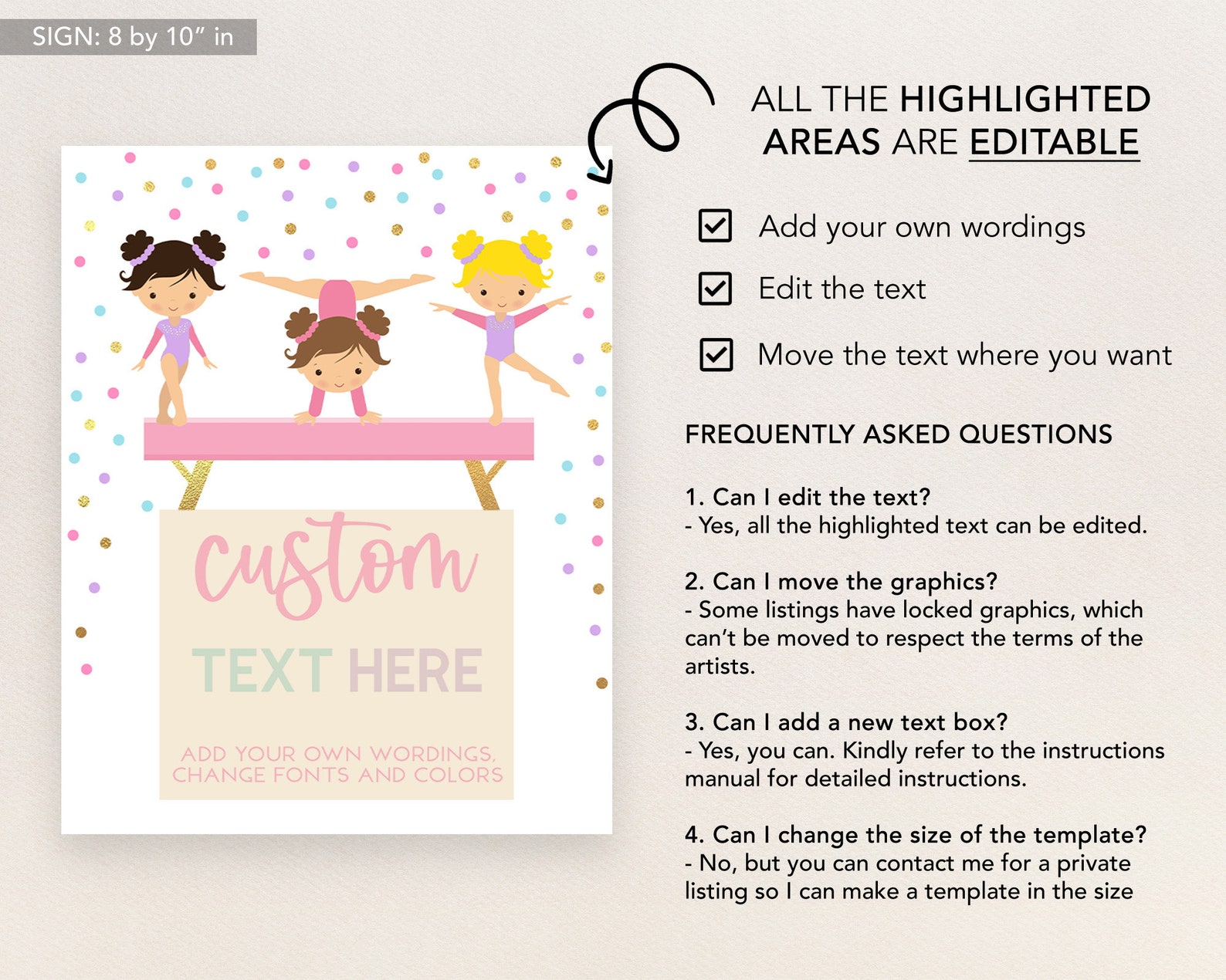 Gymnastics Birthday Custom Text Sign, EDITABLE Gymnastics Pink Party ...