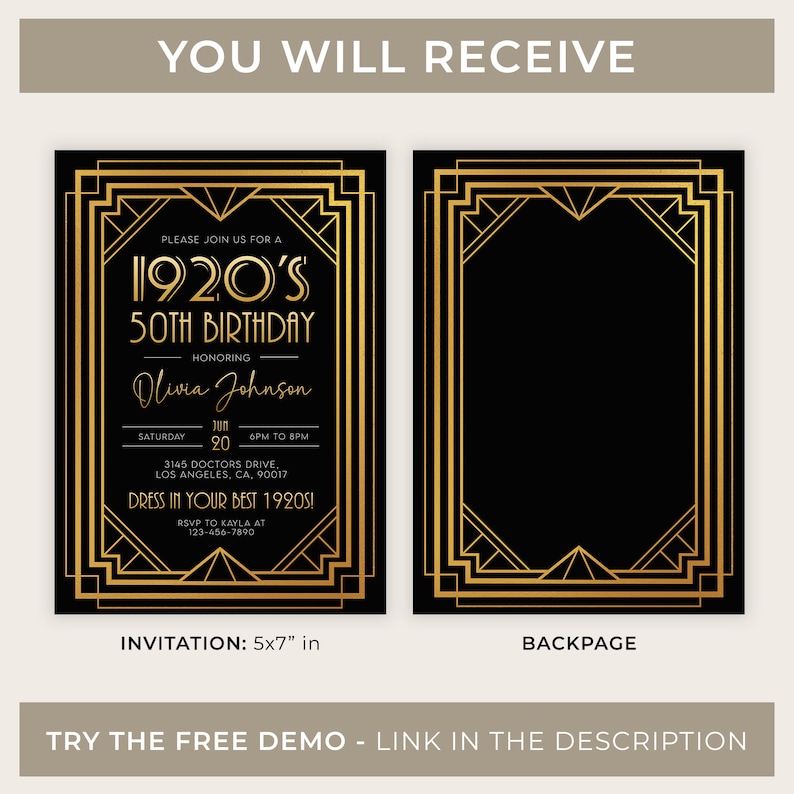 Editable 1920s Art Deco Birthday Invitation, 30th 40th 50th Birthday ...