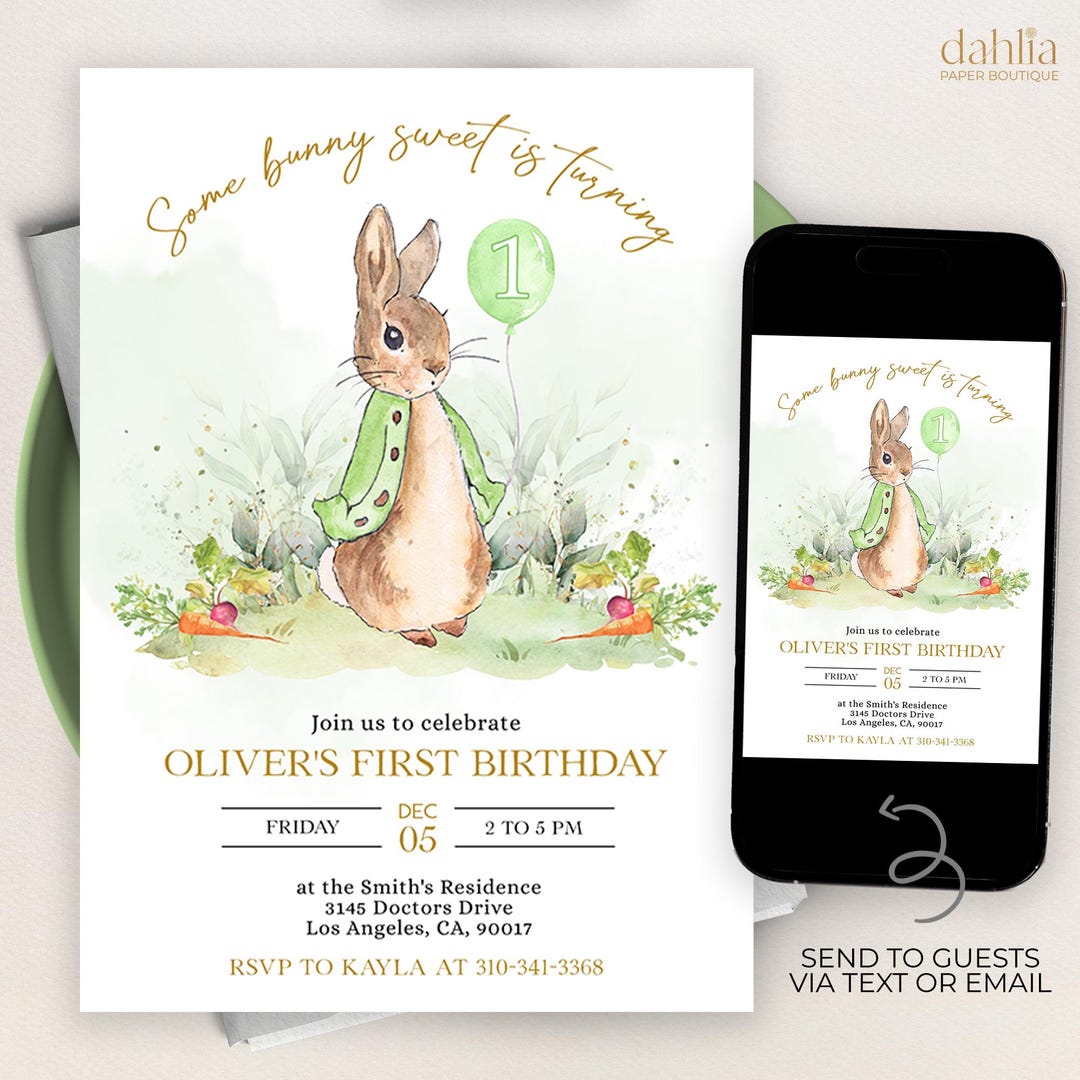Peter Rabbit First Birthday Invitation, Editable Rustic Bunny Invite ...