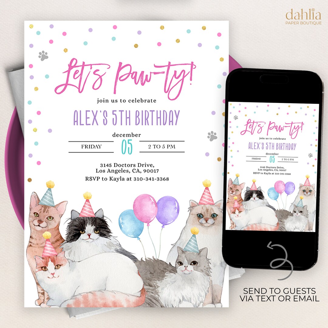 Kitty Cat Birthday Invitation, EDITABLE Purrfect Party Invite Template ...