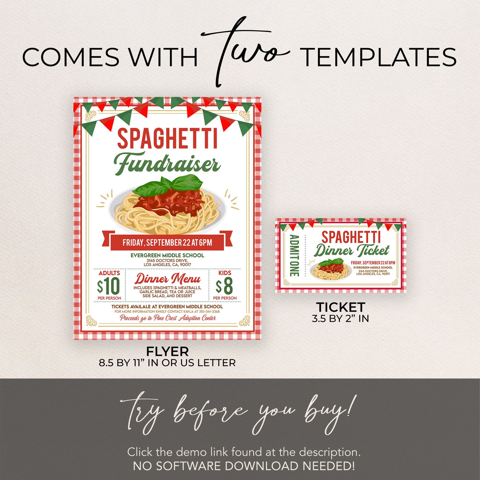 Editable Spaghetti Dinner Fundraiser Flyer Ticket, Pasta PTA PTO School ...