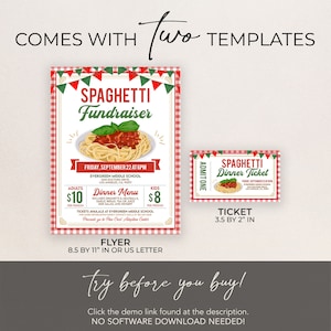 Editable Spaghetti Dinner Fundraiser Flyer Ticket, Pasta PTA PTO School ...