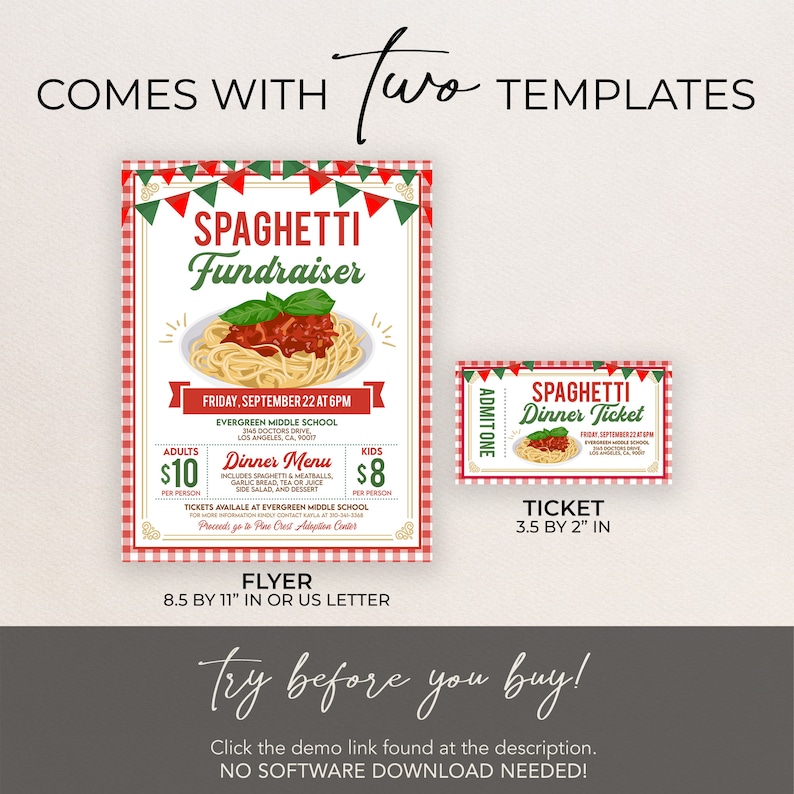 Editable Spaghetti Dinner Fundraiser Flyer Ticket, Pasta PTA PTO School ...