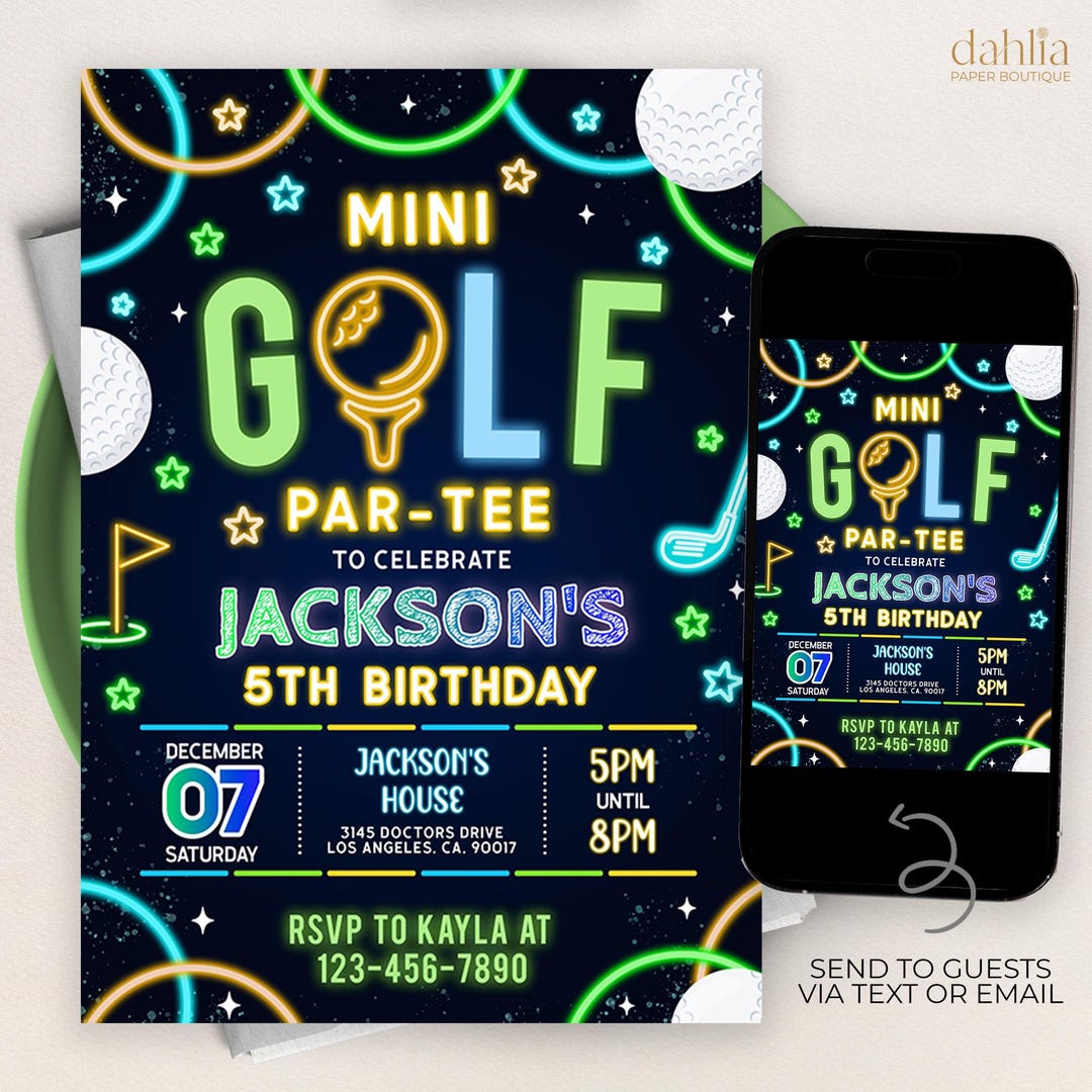 Mini Golf Birthday Invitation, EDITABLE Hole in One Party Invite, Neon ...