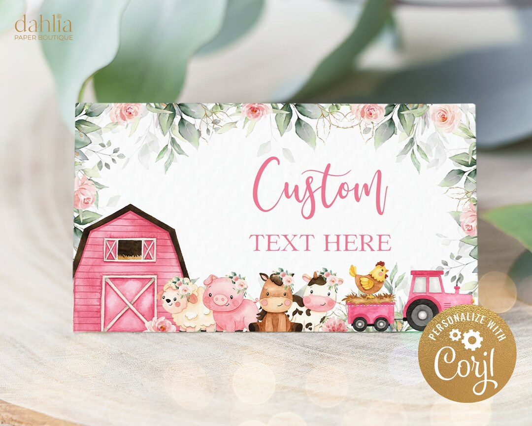 Farm Birthday Food Labels Template, Barn Animals Place Card, Pink Ranch ...