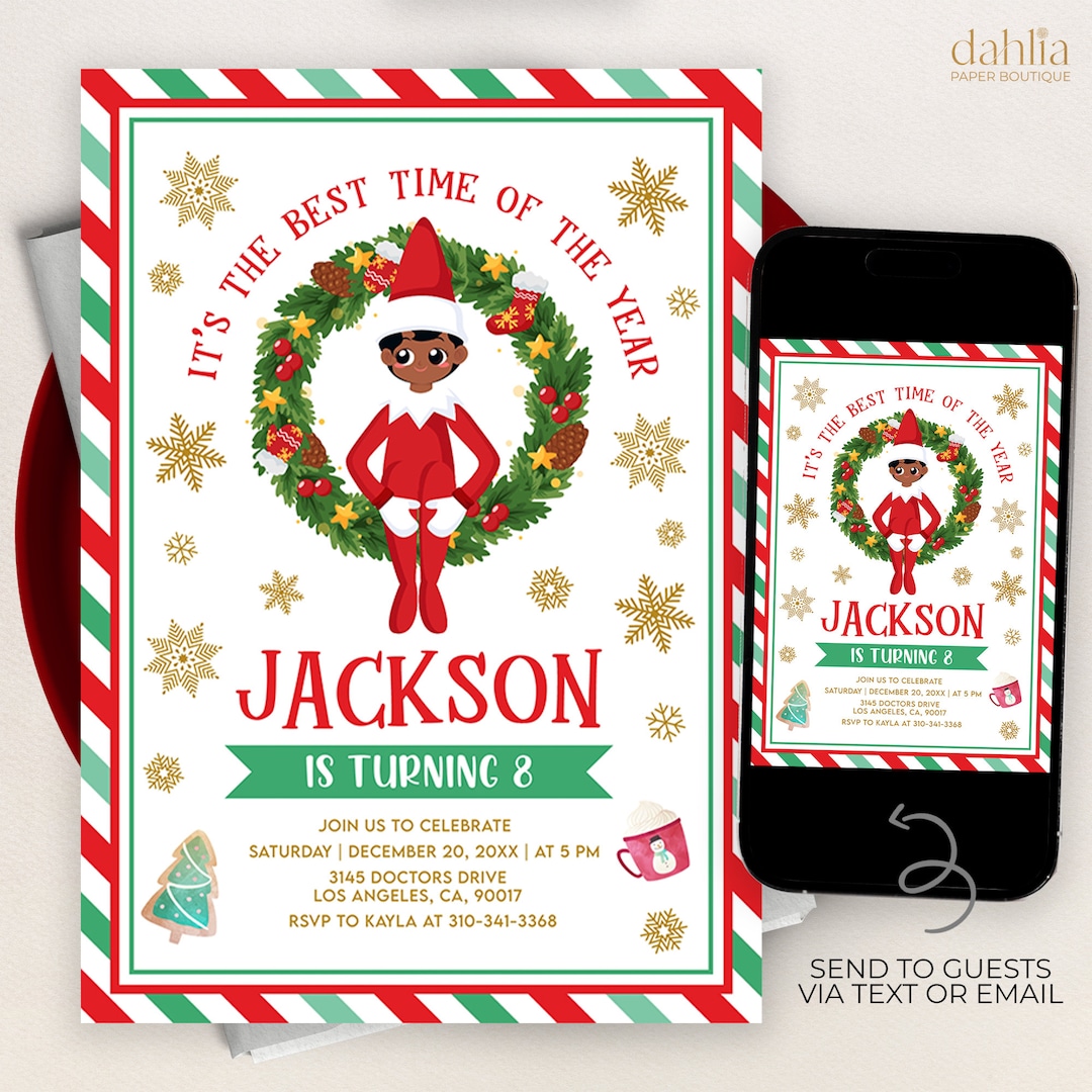 Editable Elf Birthday Invitation, Christmas Boy Brown Skin Party Invite ...