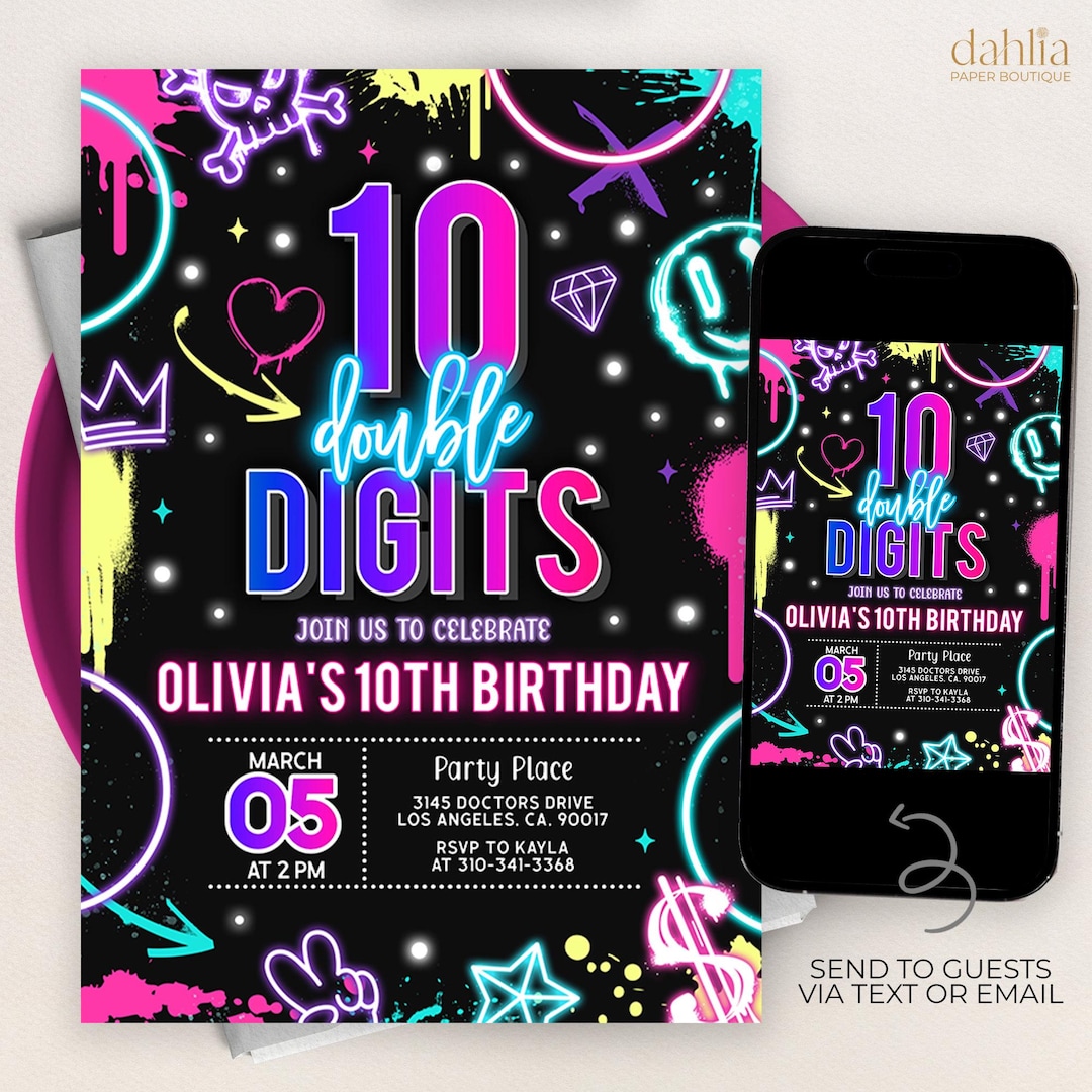 Hello Double Digits Birthday Invitation, EDITABLE Neon Glow Party ...