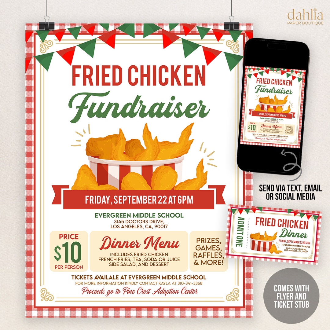 Editable Fried Chicken Dinner Fundraiser Flyer Ticket, Pasta PTA PTO ...