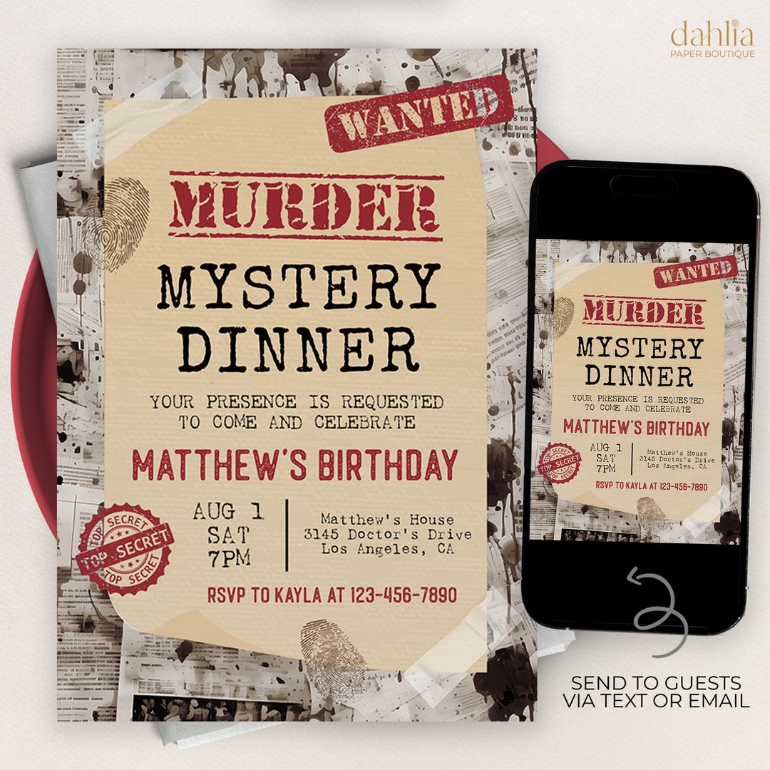 Murder Mystery Invitation, EDITABLE Mystery Birthday Dinner Invite ...