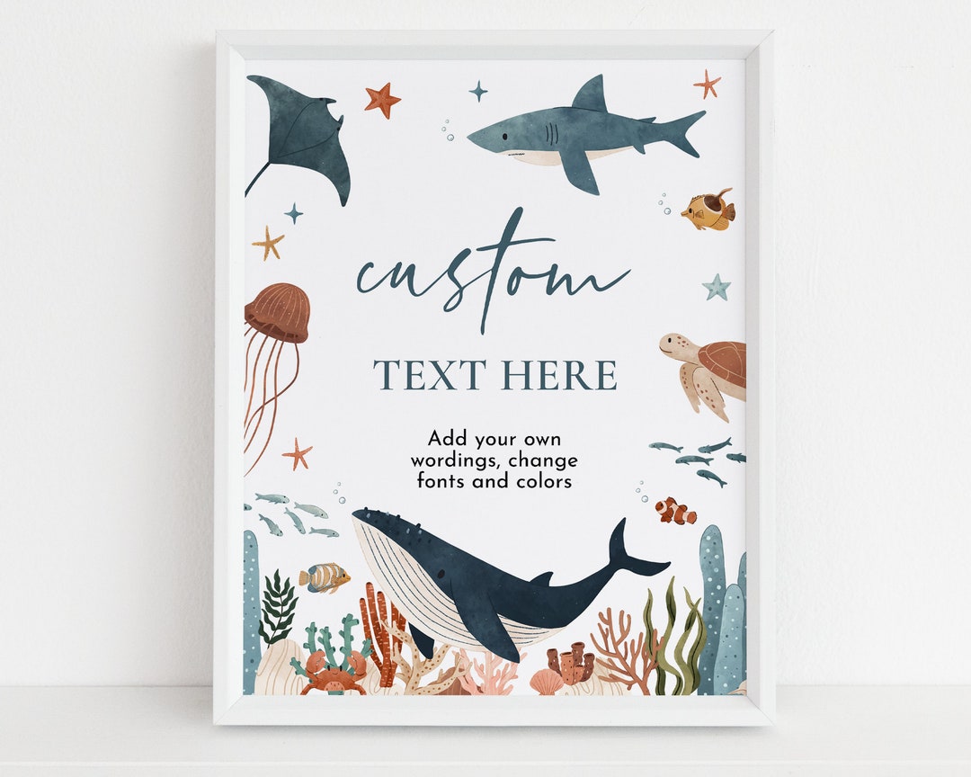 Under the Sea Birthday Custom Text Sign, Editable Whale Shark Party ...