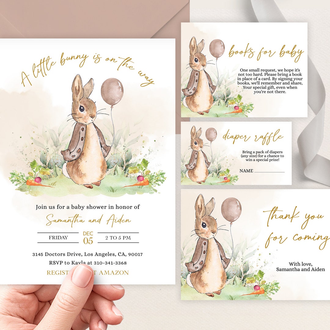 Peter Rabbit Baby Shower Invitation Set, EDITABLE Neutral Bunny Invite ...