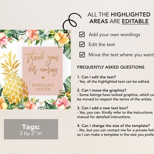 Pineapple Birthday Thank You for Coming Gift Tag, EDITABLE Hawaiian ...