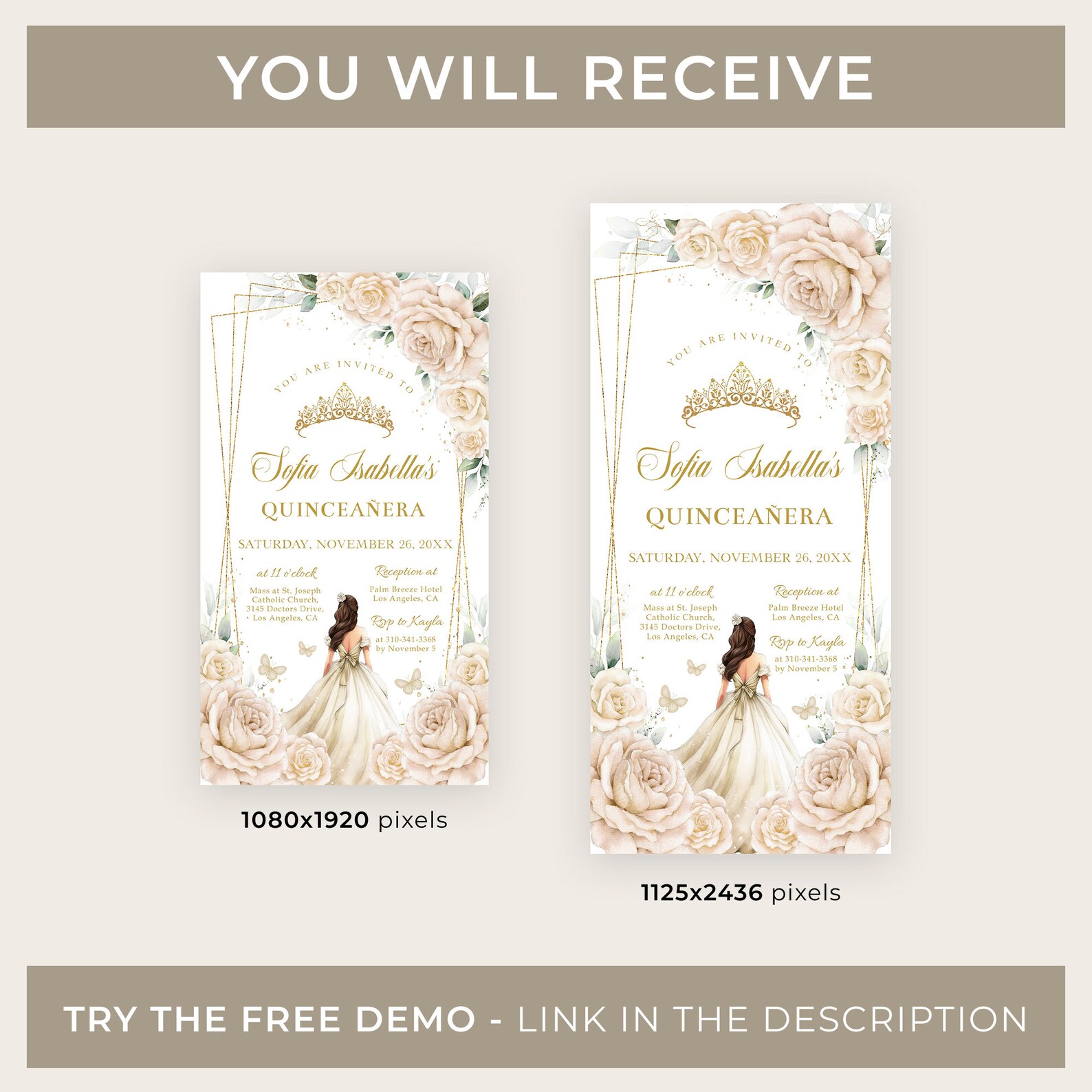 Champagne Creme and Gold Quinceañera Digital Invitation, EDITABLE ...