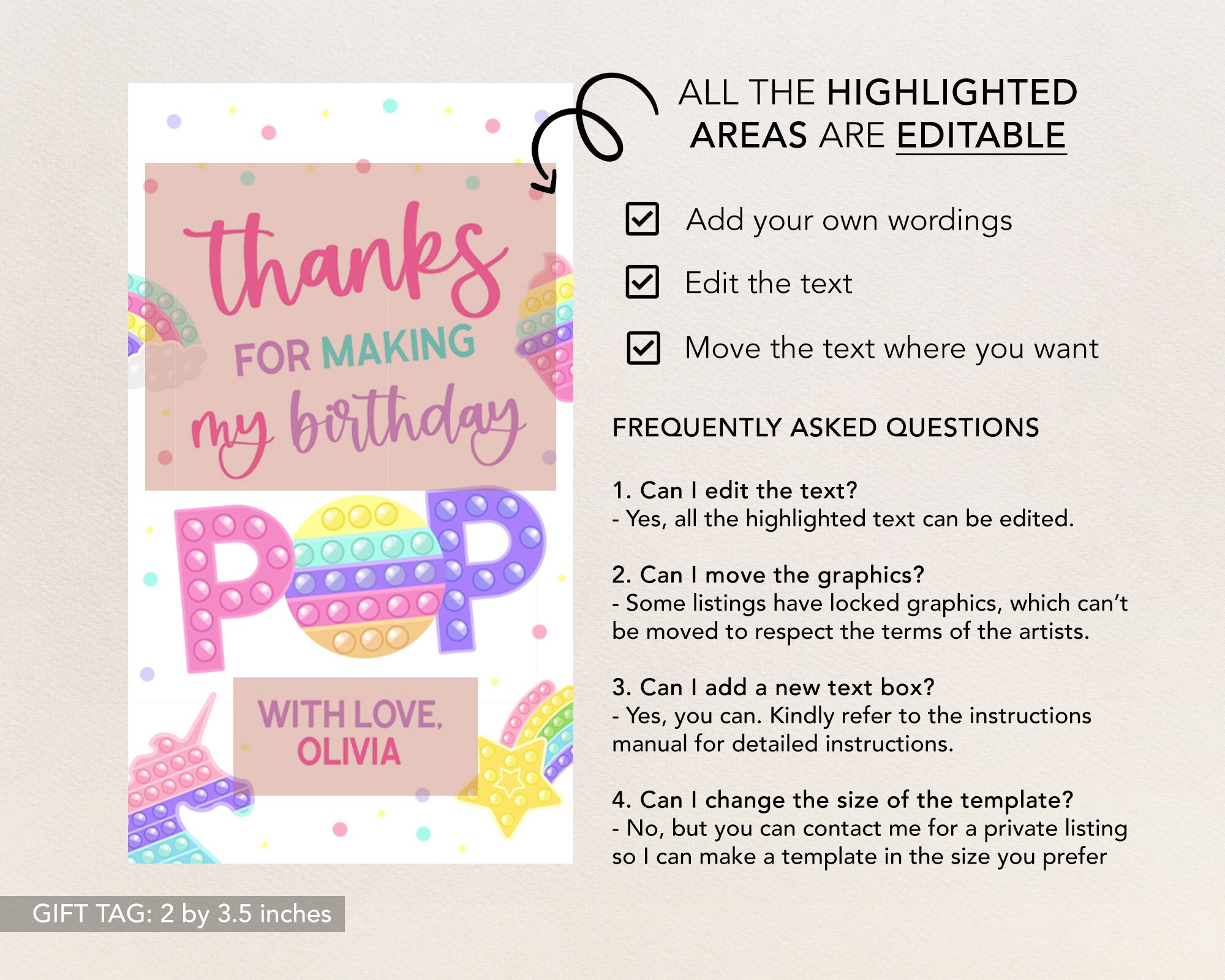 EDITABLE Pop It Thank You for Coming Gift Tag, Pop It Party Favor Tag ...