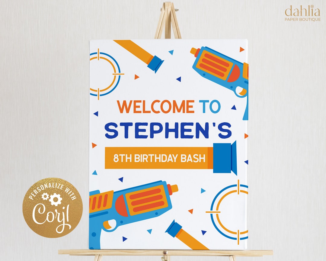 Dart Gun Party Welcome Sign, EDITABLE Dart War Kids Birthday Poster ...
