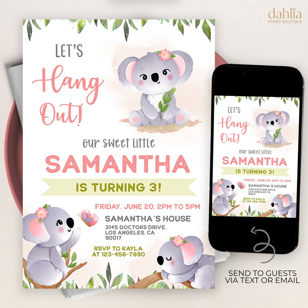 Koala Birthday Invitation, EDITABLE Cute Koala Bear Party Invite ...
