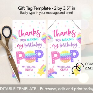 EDITABLE Pop It Thank You for Coming Gift Tag, Pop It Party Favor Tag ...