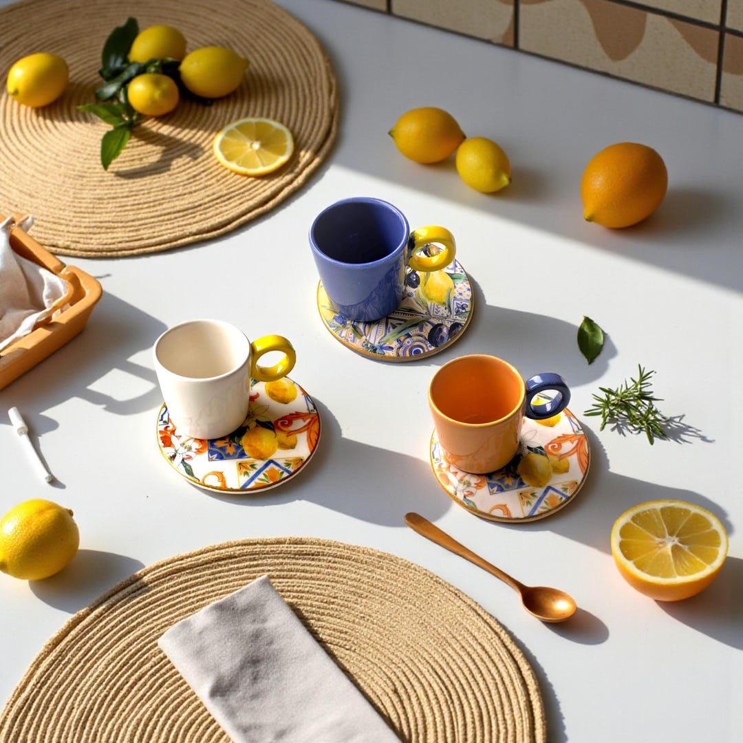 Lemon Coffee Cup Set, Colorful Mediterranean Ceramic Mugs With Saucers ...