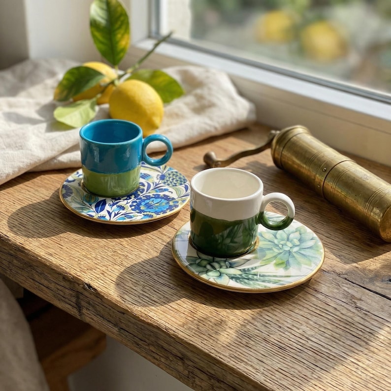 Handmade Ceramic Espresso Cup Set Blue Floral Gold Rim, Gift for Her - Etsy