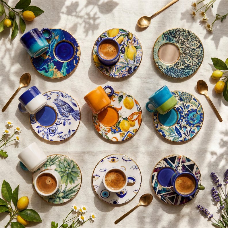 Handmade Ceramic Espresso Cup Set Blue Floral Gold Rim, Gift for Her - Etsy