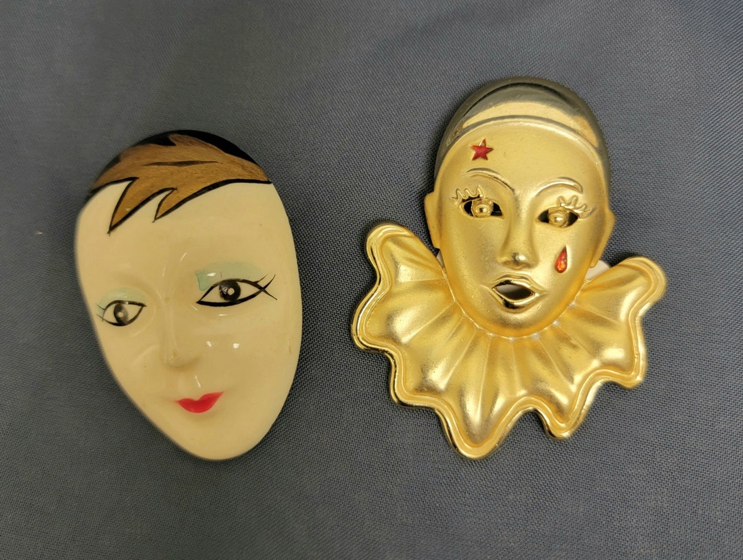 Vintage Brooch 2 Pierrot Clown Face and Plastic Hand Painted Lady Head ...