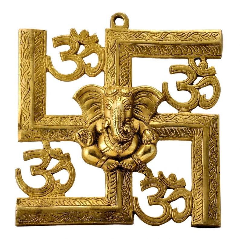 Lord Ganesha Swastika Om Symbol Brass Sculpture Wall Decor - Etsy
