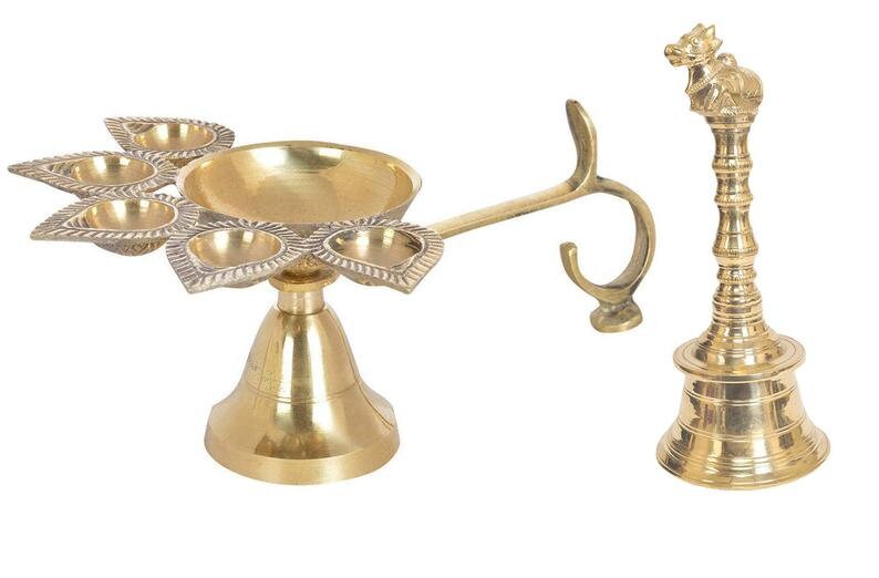 Panch Deepak Aarti Oil Lamp With Brass Nandin Puja Bell Ghanti Pooja ...