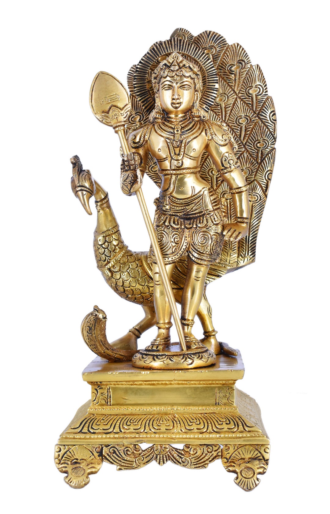 Brass Lord Kartik Standing Idol With Peacock the Vehicle of - Etsy