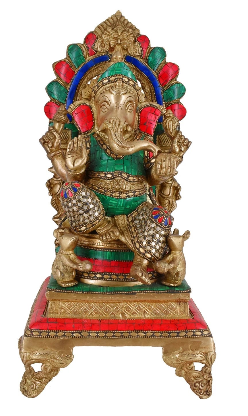 Antique Brass Lord Mangalkari Ganesha Sitting on Singhasan Bhagwan Idol ...