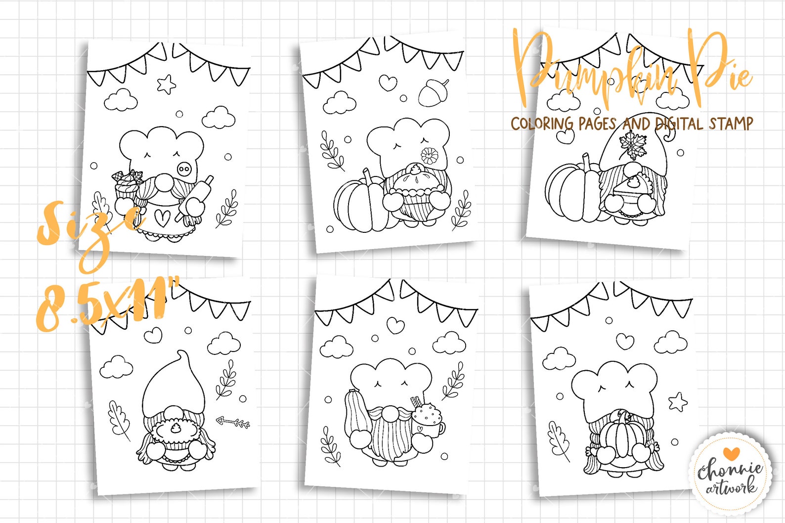 Gnome Pumpkin Pie Coloring Pages Happy Fall Gnome Digital - Etsy