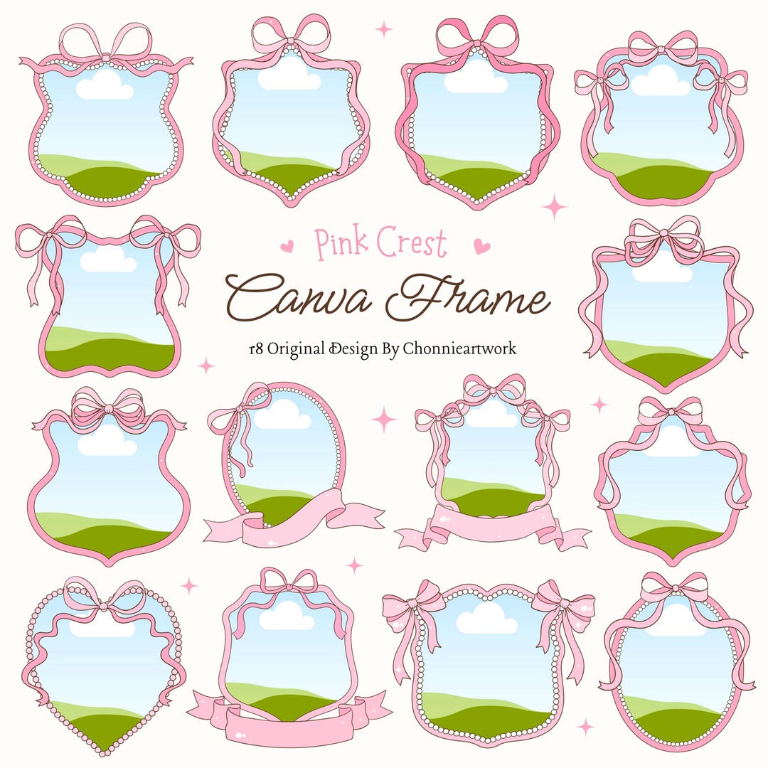 Pink Bow Crest Canva Frame Template, Canva Drag & Drop Frame, Valentine ...