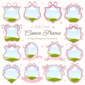 Pink Bow Crest Canva Frame Template, Canva Drag & Drop Frame, Valentine ...