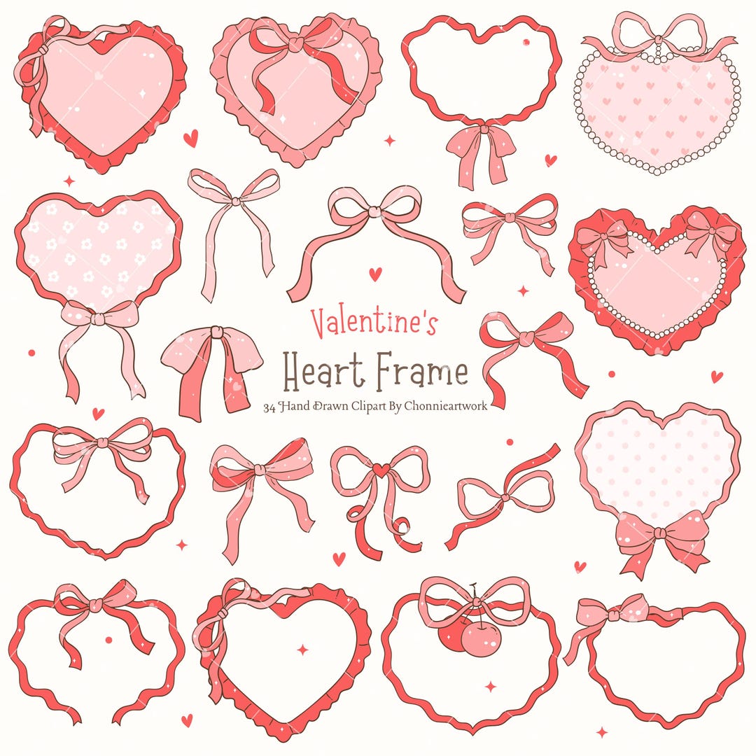 Whimsical Hand-drawn Valentine's Ribbon Frame Clipart Set SVG PNG Bow ...