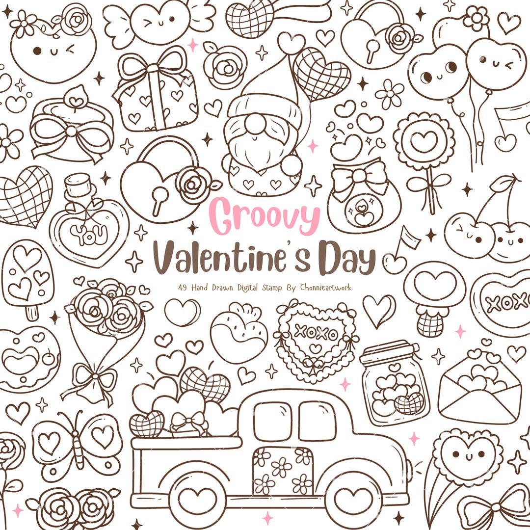 Groovy Valentine's Day Digital Stamp, Groovy Valentine's Day Clipart ...