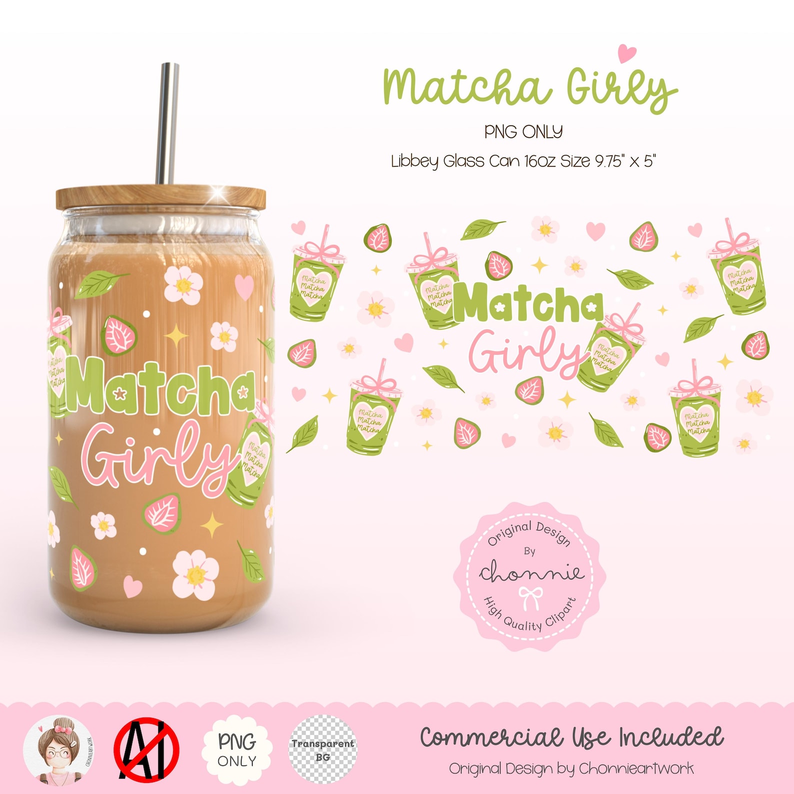 Matcha Girly Glass Can Wrap PNG, Kawaii Matcha Cup Wrap, Matcha Lovers ...