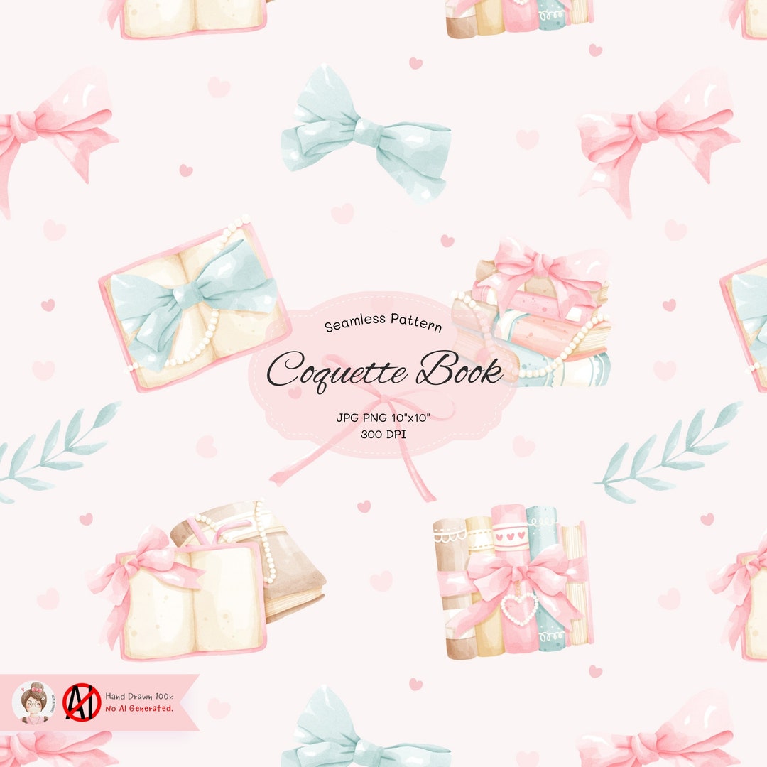 Book Lover Seamless Patterns, Coquette Book Pattern, Book Bow Digital ...