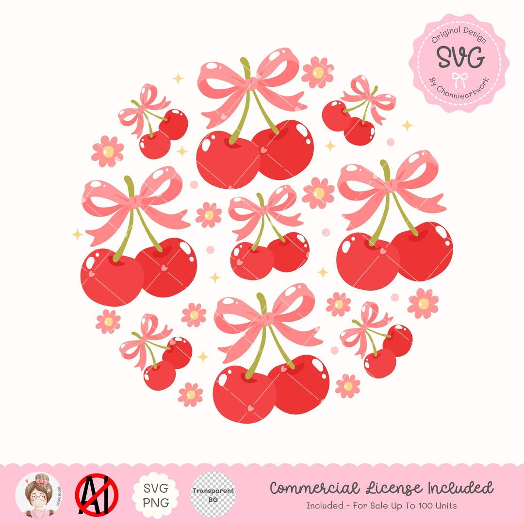 Cherry Bow Clipart Set SVG PNG, Kawaii Red Cherries With Pink Ribbons ...