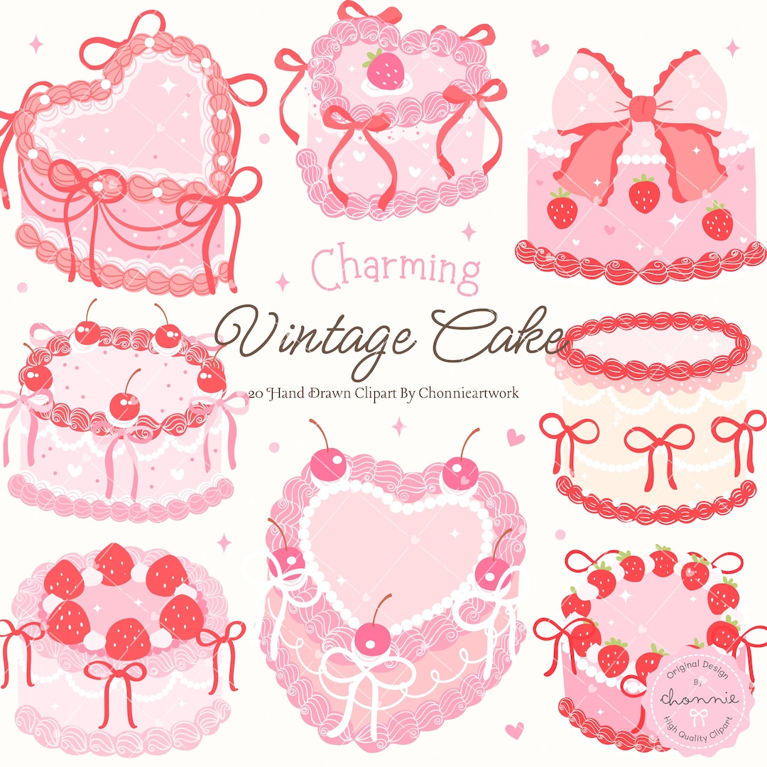 Vintage Heart Cake Clipart Set, Retro Valentine Cake, Coquette ...