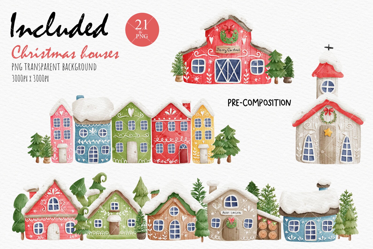 Christmas Houses Clipart Christmas Village Clipart Snow - Etsy