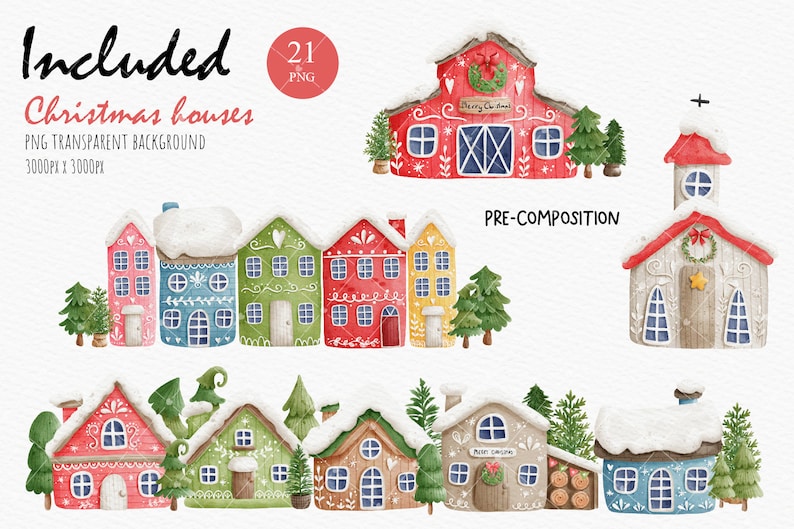 Christmas Houses Clipart Christmas Village Clipart Snow - Etsy