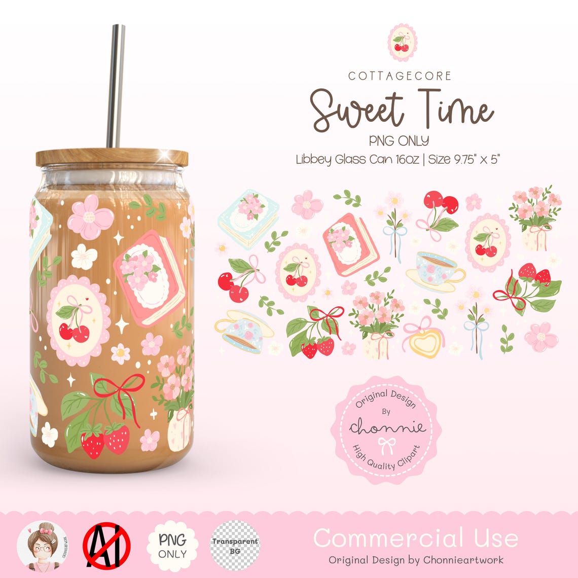 Cottagecore Book and Berry Cup Wrap for 16oz Libbey Glass Can, Floral ...