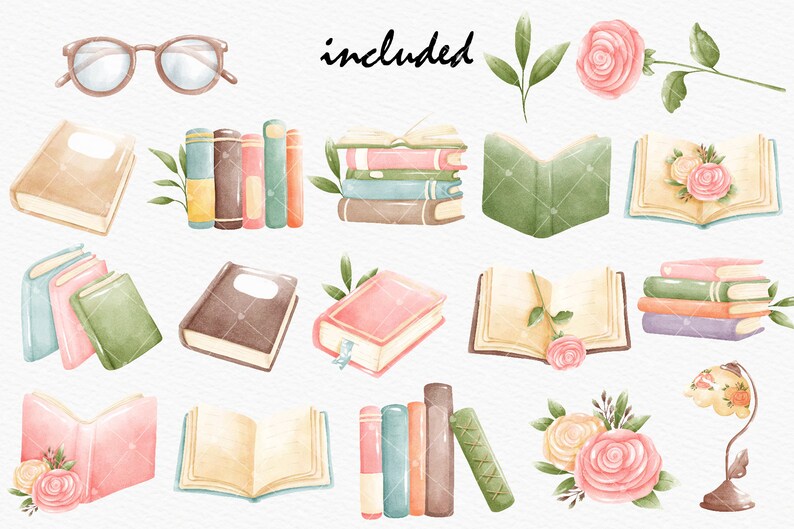 Watercolor Vintage Books Clipart, Library Clipart, Books Clipart, Book ...