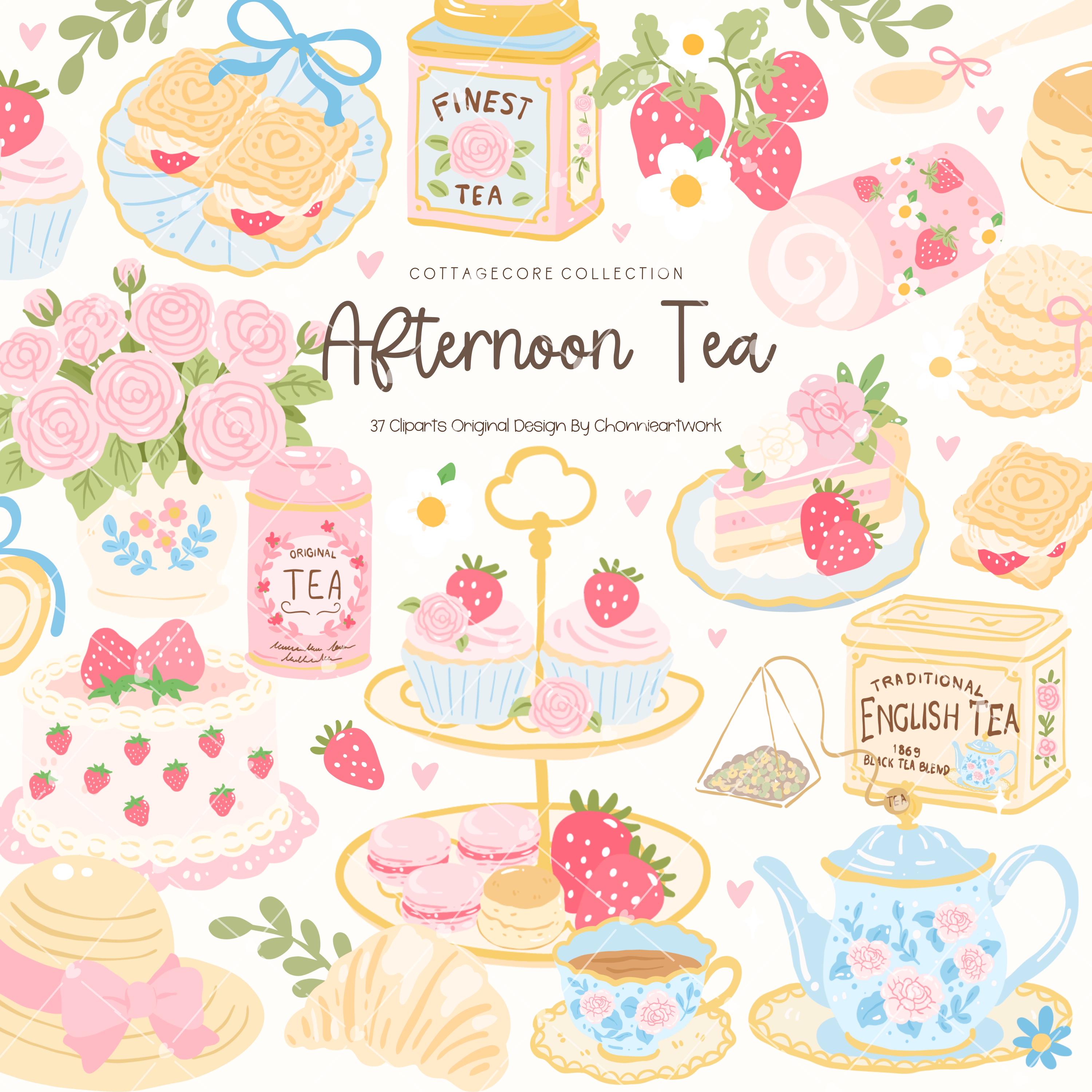 Afternoon Tea Clipart Set, Cottagecore Pink Tea Party Illustrations ...