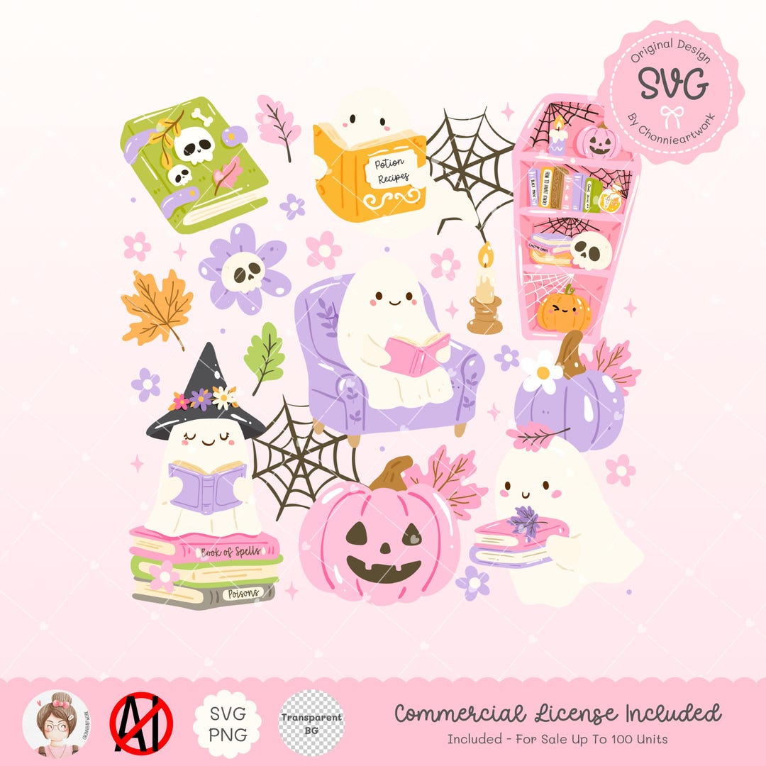 Bookish Ghost Clipart, Cute Ghost Reading PNG, Spooky Halloween ...