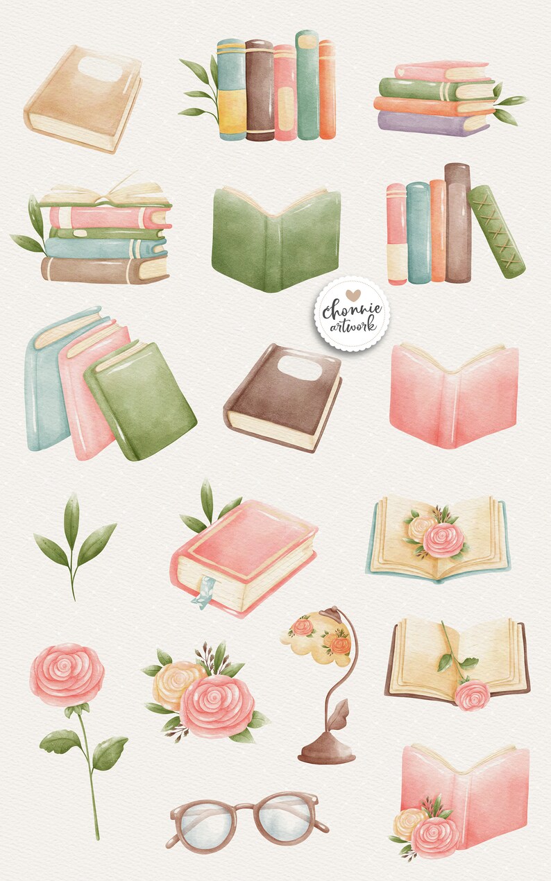 Watercolor Vintage Books Clipart, Library Clipart, Books Clipart, Book ...