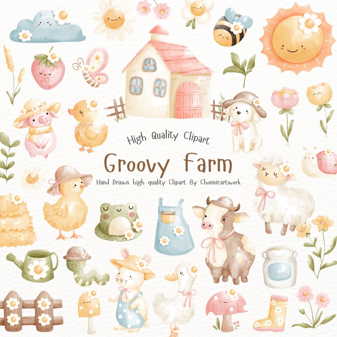 Happy Farm Clipart, Farm Clipart, Retro Farm Clipart, Groovy Farm ...